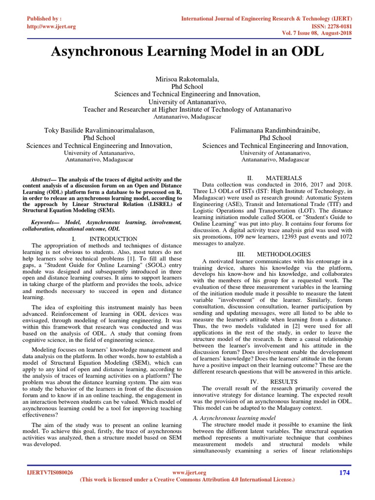Art 12 Asynchronous Learning Model In An Odl Pdf Learning Structural Equation Modeling