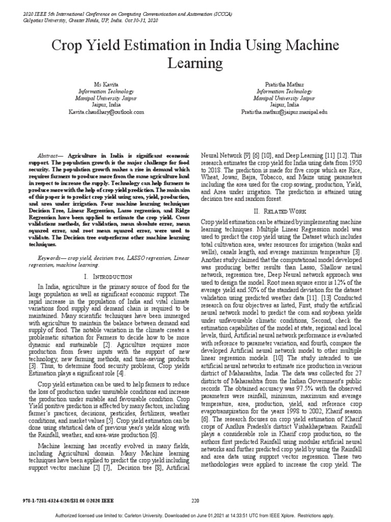 Crop Yield Estimation ML | PDF | Regression Analysis | Dependent And ...
