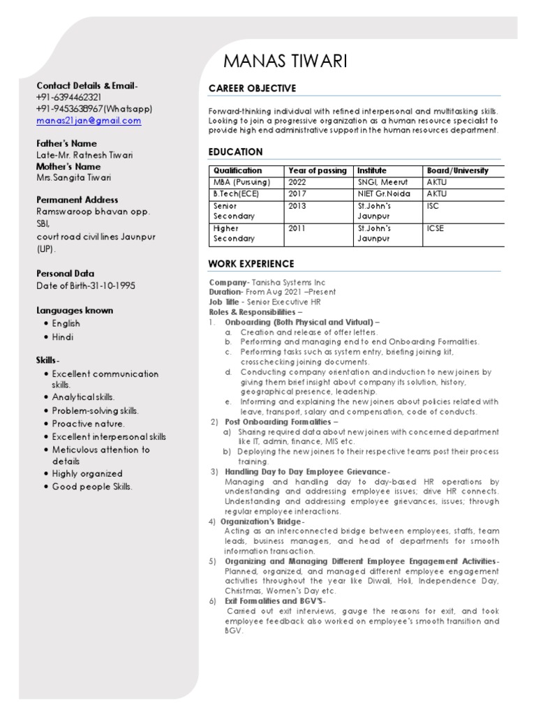 Manas Tiwari Resume | PDF | Employment | Business
