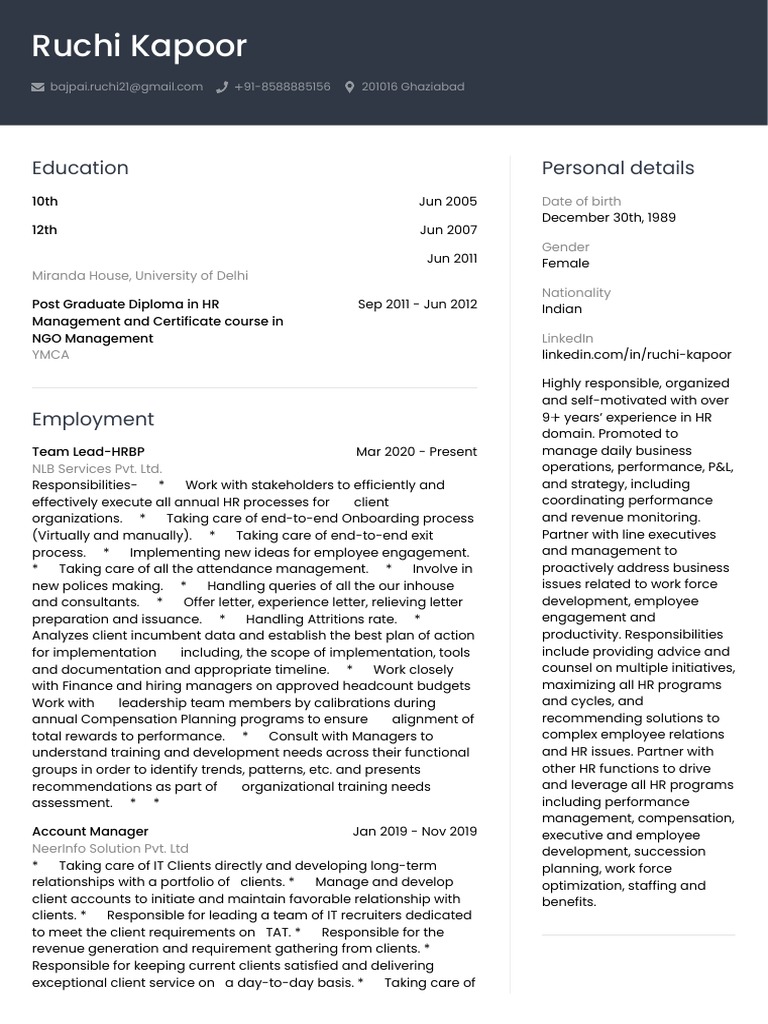 Resume Ruchi Kapoor - HRBP | PDF | Recruitment | Employment