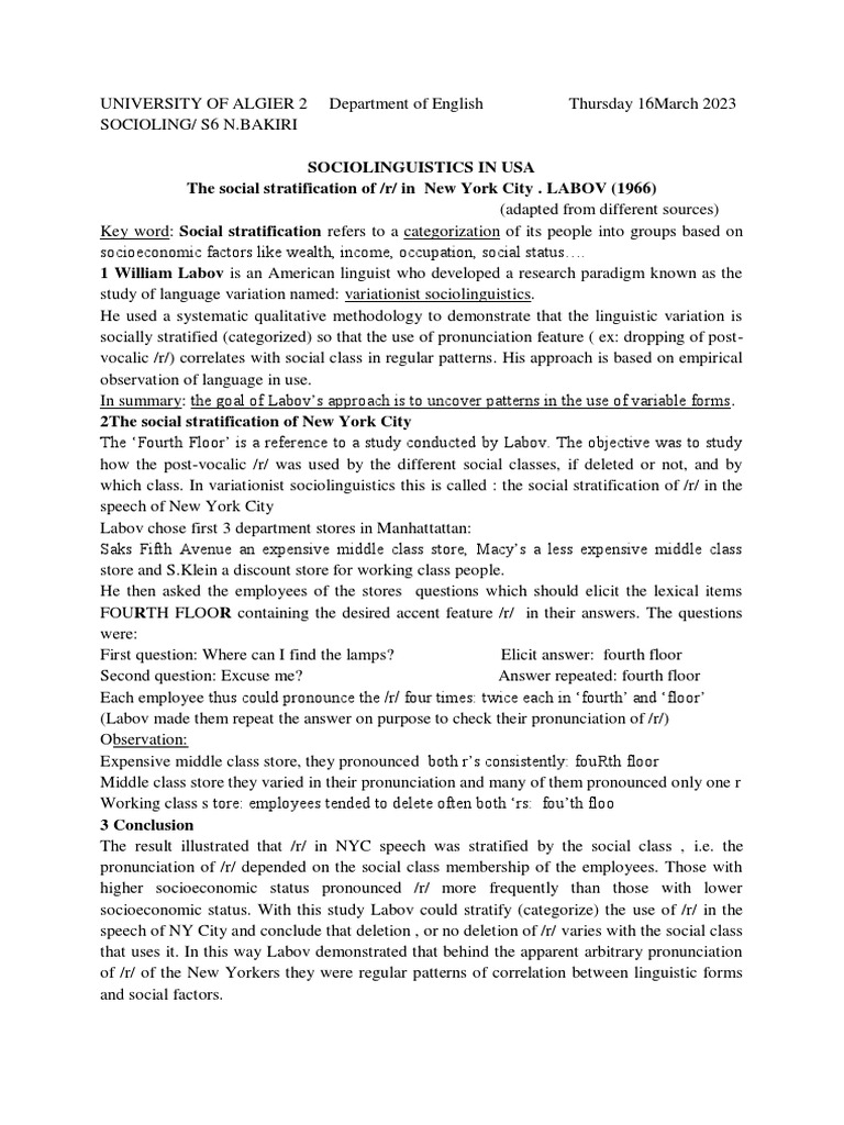 Labov Stratification 16march2023 | PDF | Sociolinguistics | Social ...