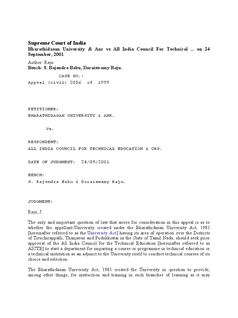 Supreme Court Judgment Bhartidasan University Versus AICTE | PDF | Ordination | University