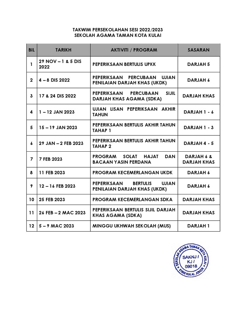 Takwim Persekolahan Sesi 2022-2023 | PDF
