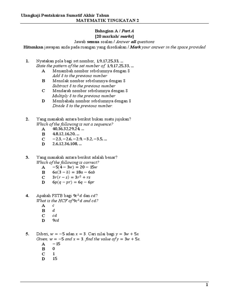 Ulangkaji Matematik Tingkatan 2: Analisis Soalan dan Jawapan | PDF