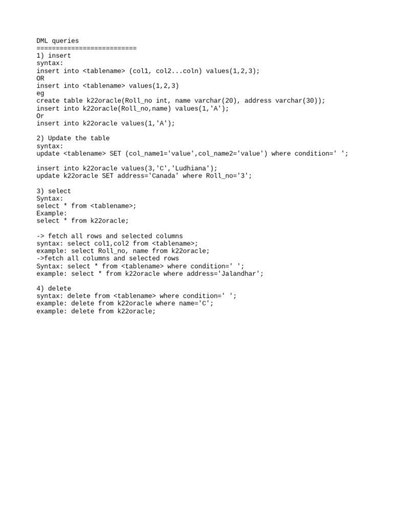 DML queries for database tables | PDF DML queries for database tables | PDF