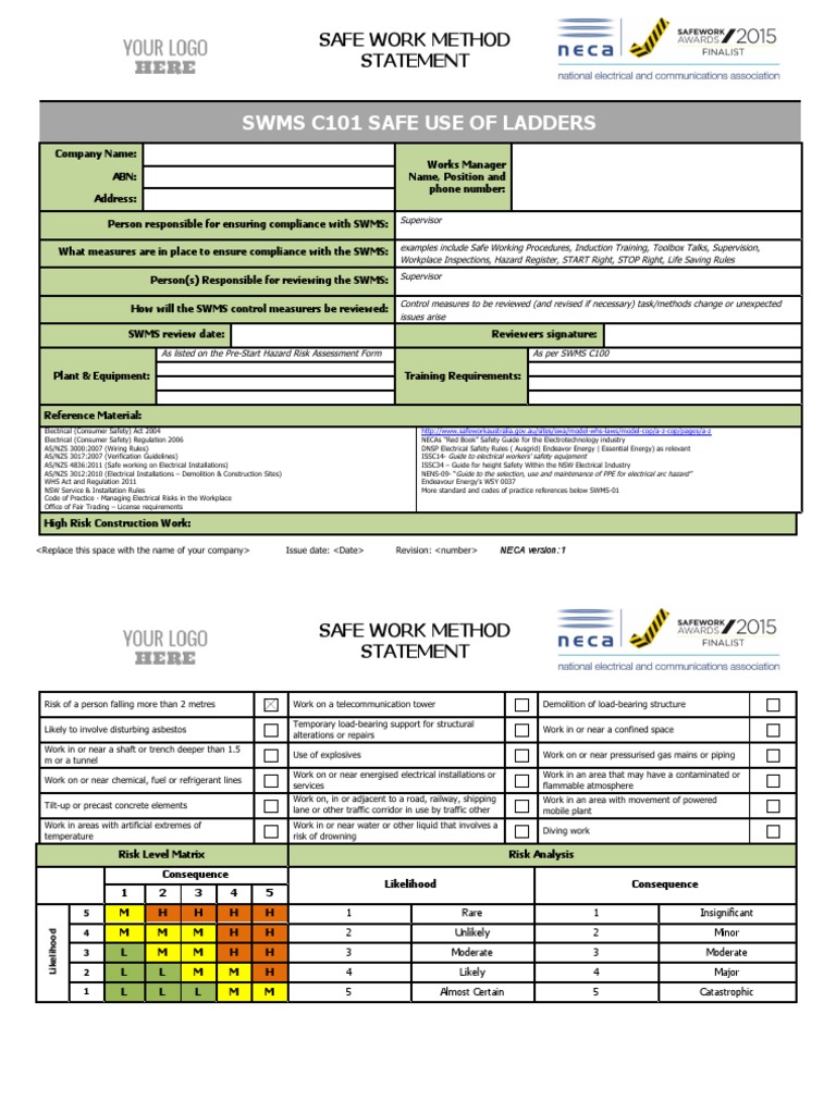 SWMS C101 Safe Use of Ladders | PDF | Ladder | Safety