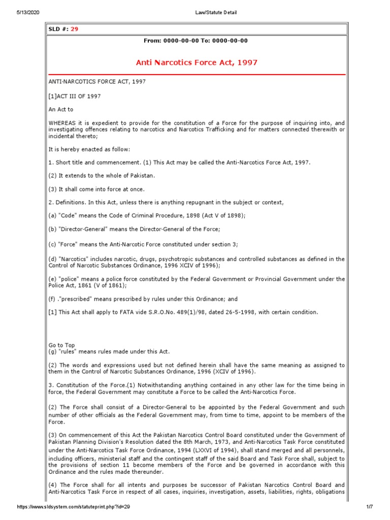 Anti Narcotics Force Act, 1997 | PDF | Police | Prosecutor
