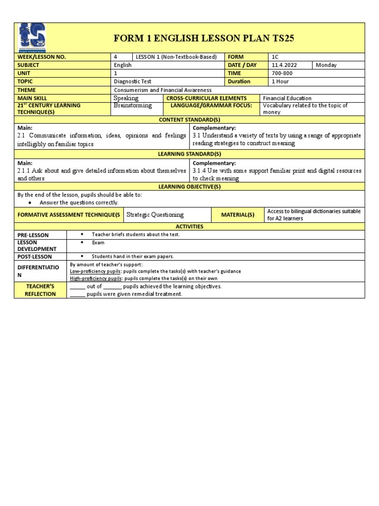 Form 1 English Lesson Plan Ts25: Access To Bilingual Dictionaries ...