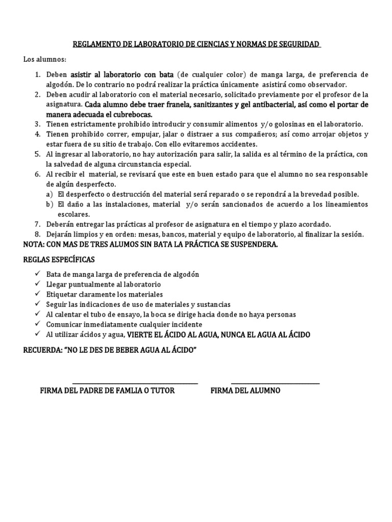 Reglamento y normas de seguridad para prácticas de laboratorio | PDF | Laboratorios
