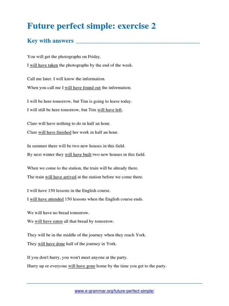 Future Perfect Simple Exercise 2 Key | PDF