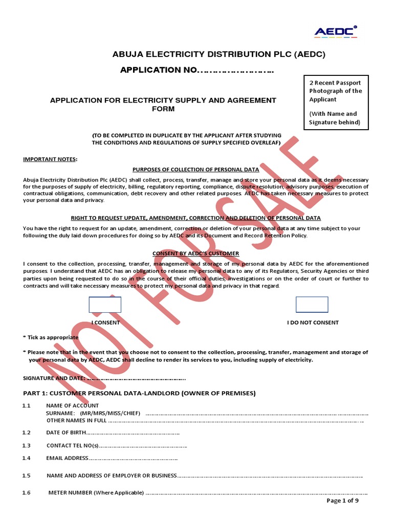 Abuja Electricity Distribution PLC (Aedc) APPLICATION NO . | Download ...