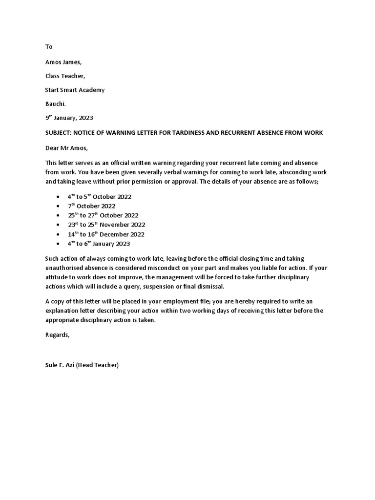Subject: Notice of Warning Letter For Tardiness and Recurrent Absence ...