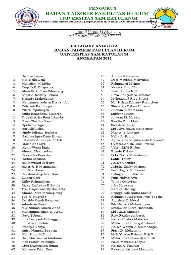 Database Anggota BTFH UNSRAT Angkatan 2022 | PDF