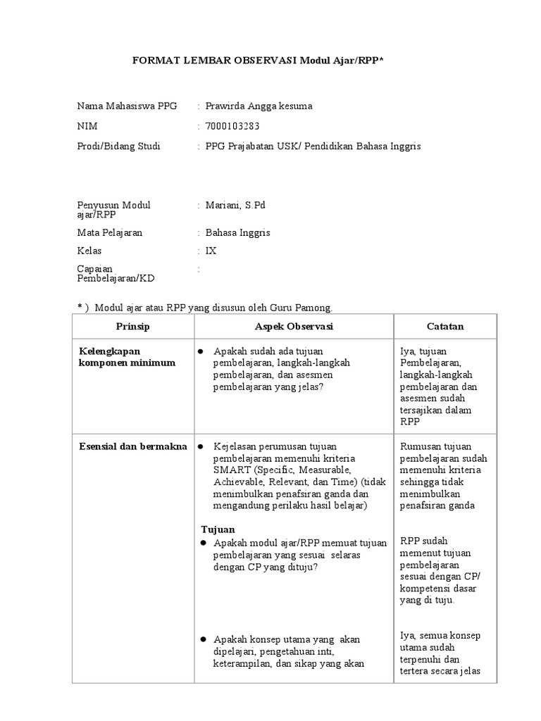 Lampiran 2 - Contoh Format Lembar Observasi RPP | PDF