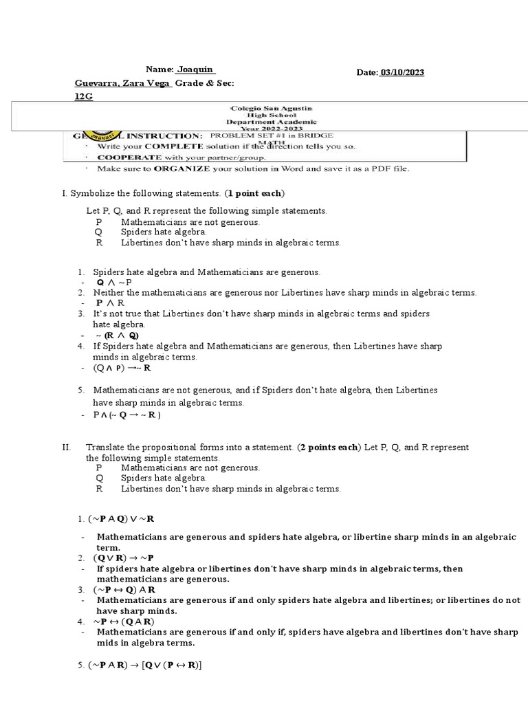 Problem Set 1 Docx 1 1 Pdf Mathematical Logic Mathematics