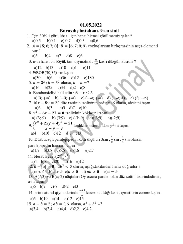 01.05.2022 Buraxılış Imtahanı. 9-Cu Sinif | PDF