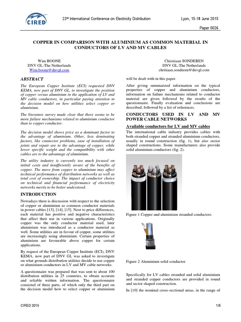 Copper in Comparison With Aluminium As Common Material in Conductors of LV and MV Cables | PDF ...
