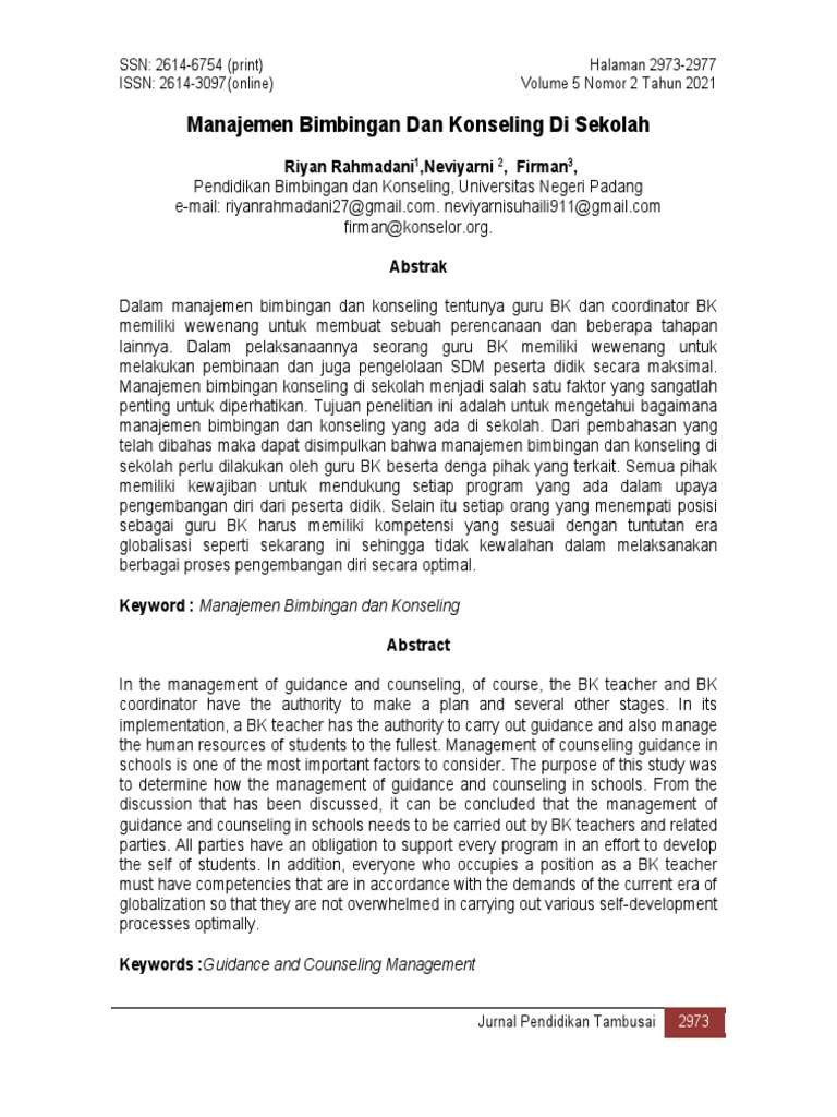 Manajemen Bimbingan Dan Konseling Di Sekolah: Riyan Rahmadani, Neviyarni, Firman | PDF