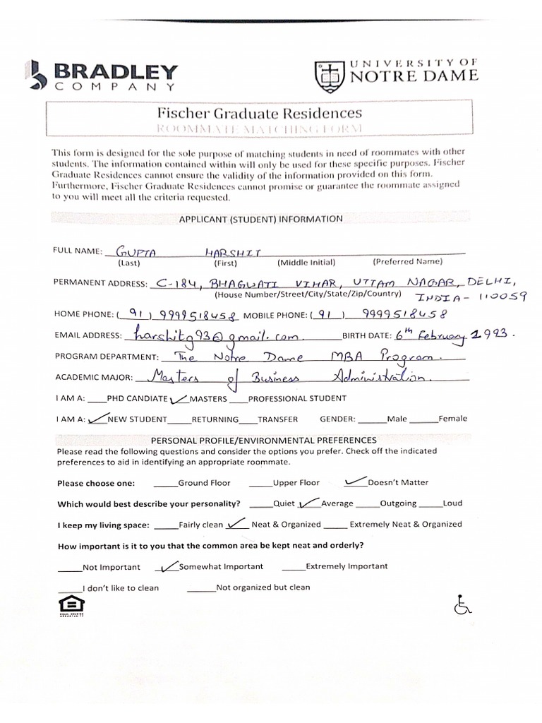 Fischer Residency Roommate Matching Form Pdf