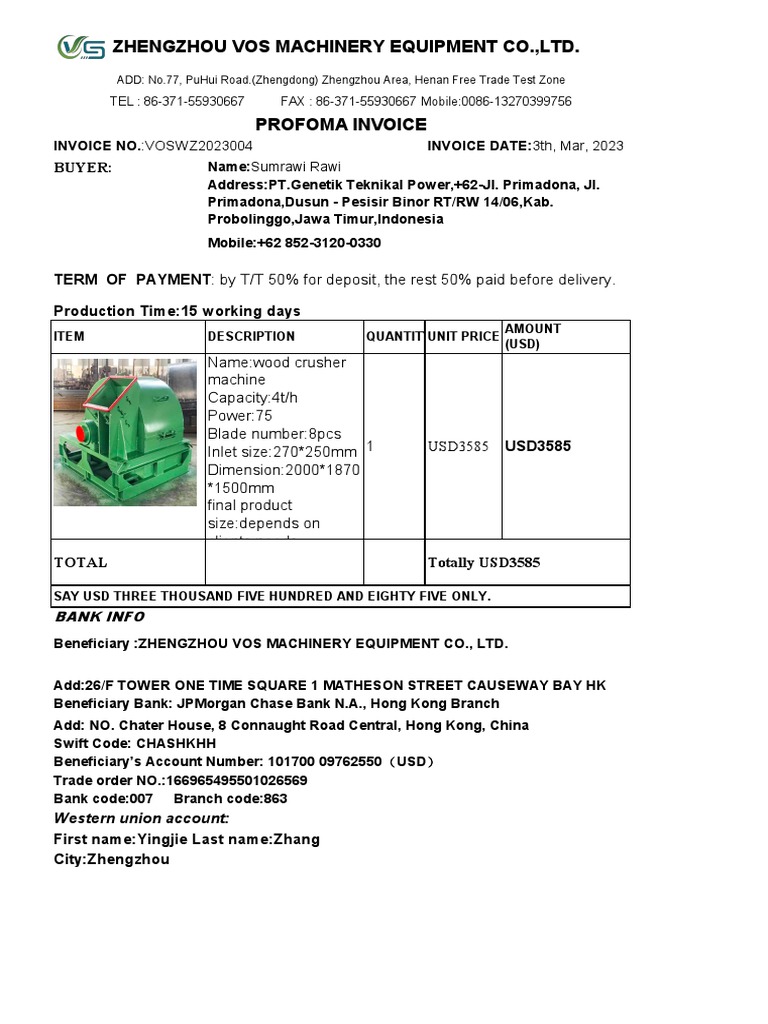 Wood Crusher Machine Invoice | PDF