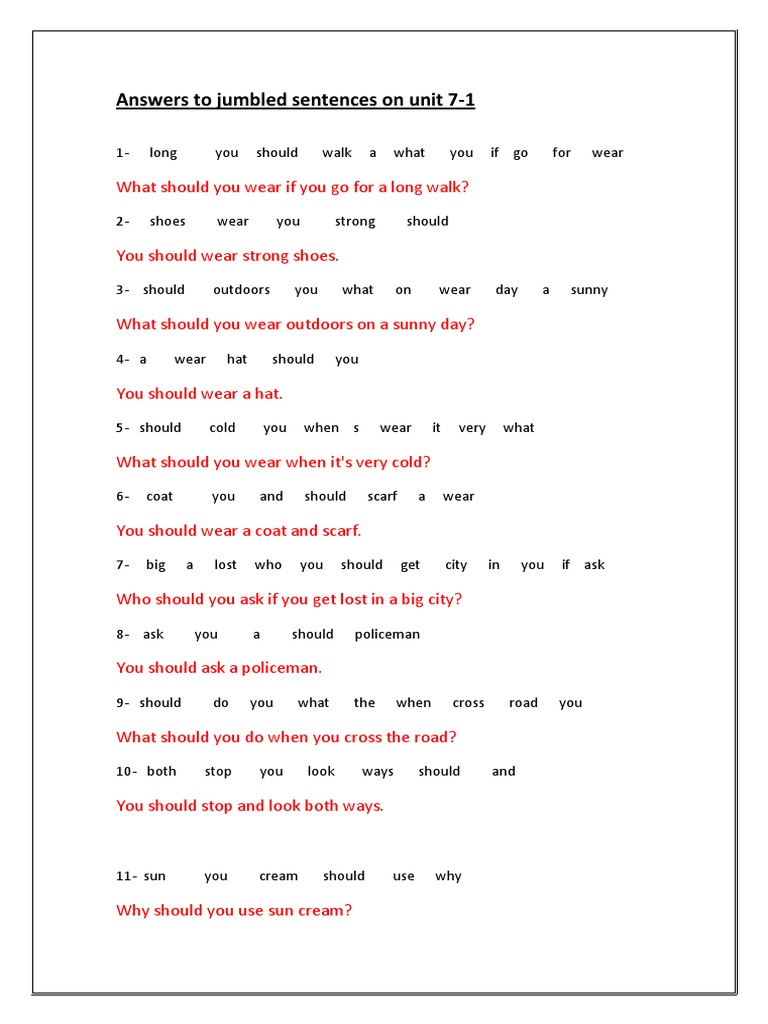 Jumbled Sentences On Unit 7-1 | PDF