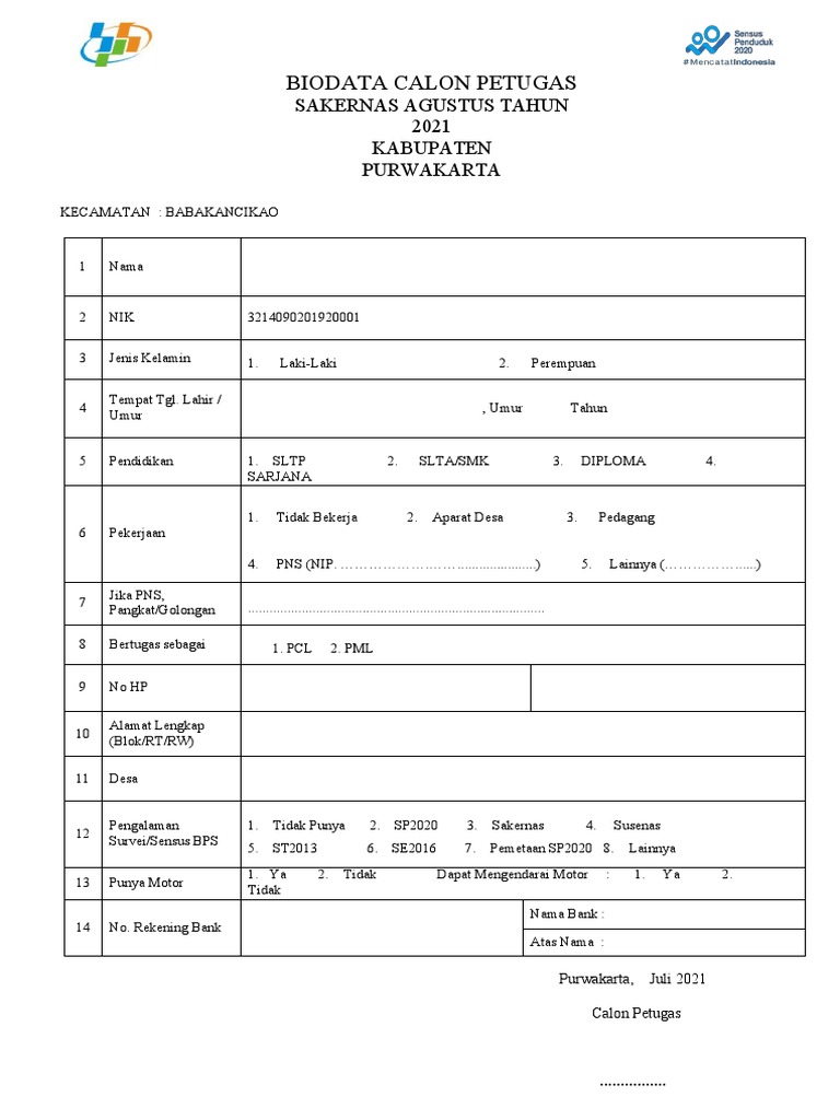 Form Biodata Sakernas Agustus 2021 | PDF