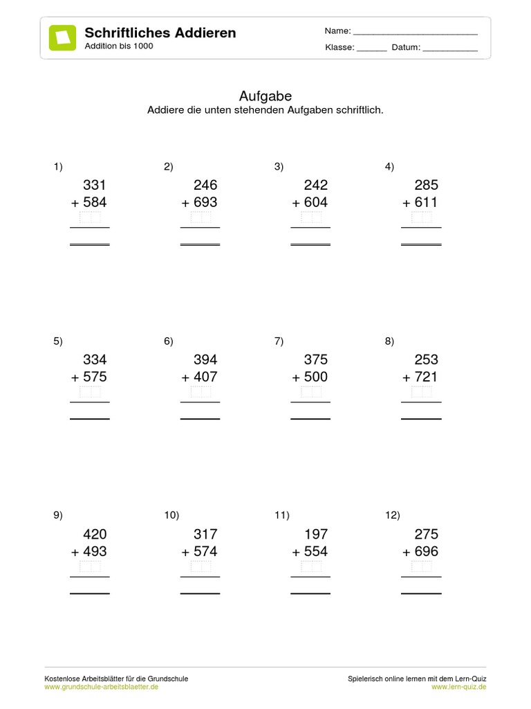 Schriftliche Addition Zahlenraum Bis 1000 2 Summanden Arbeitsblatt 01 | PDF
