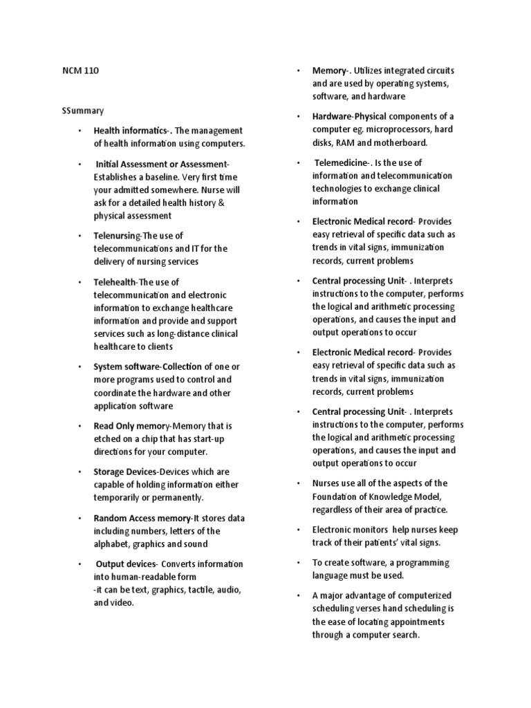 NCM 110 Midterm Reviewer | PDF | Nursing | Health Informatics