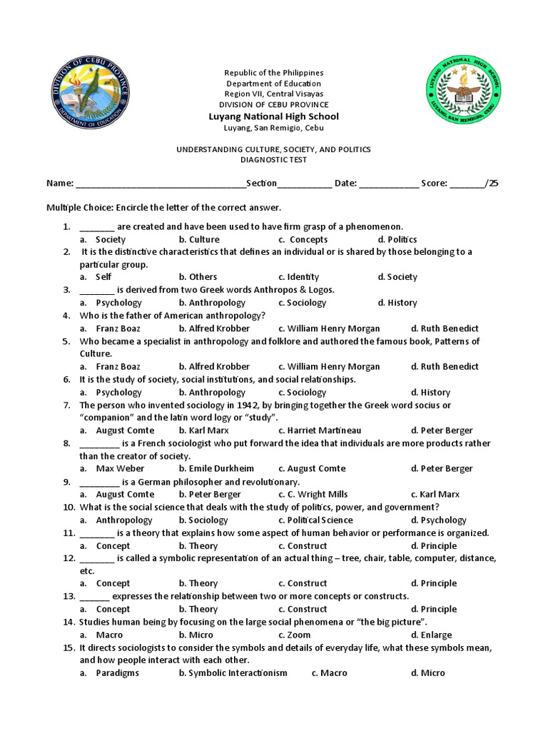 Understanding Culture, Society, and Politics: Diagnostic Test for ...