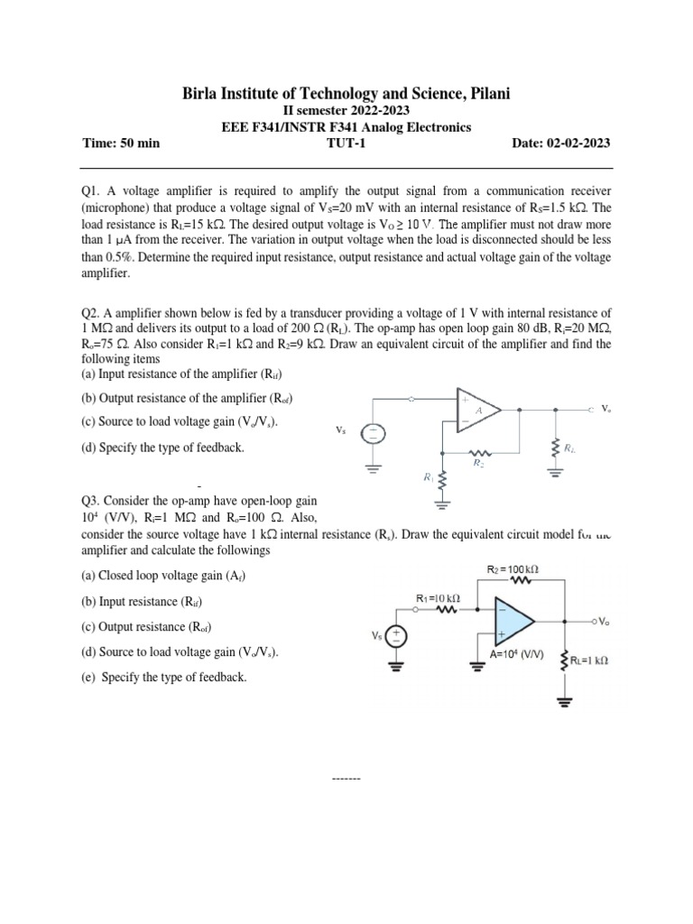 ANE - Tut 1-Merged-Merged | PDF | Operational Amplifier | Amplifier
