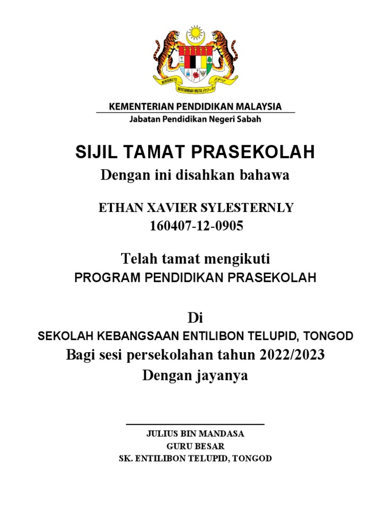 Sijil Tamat Prasekolah: Dengan Ini Disahkan Bahawa | PDF