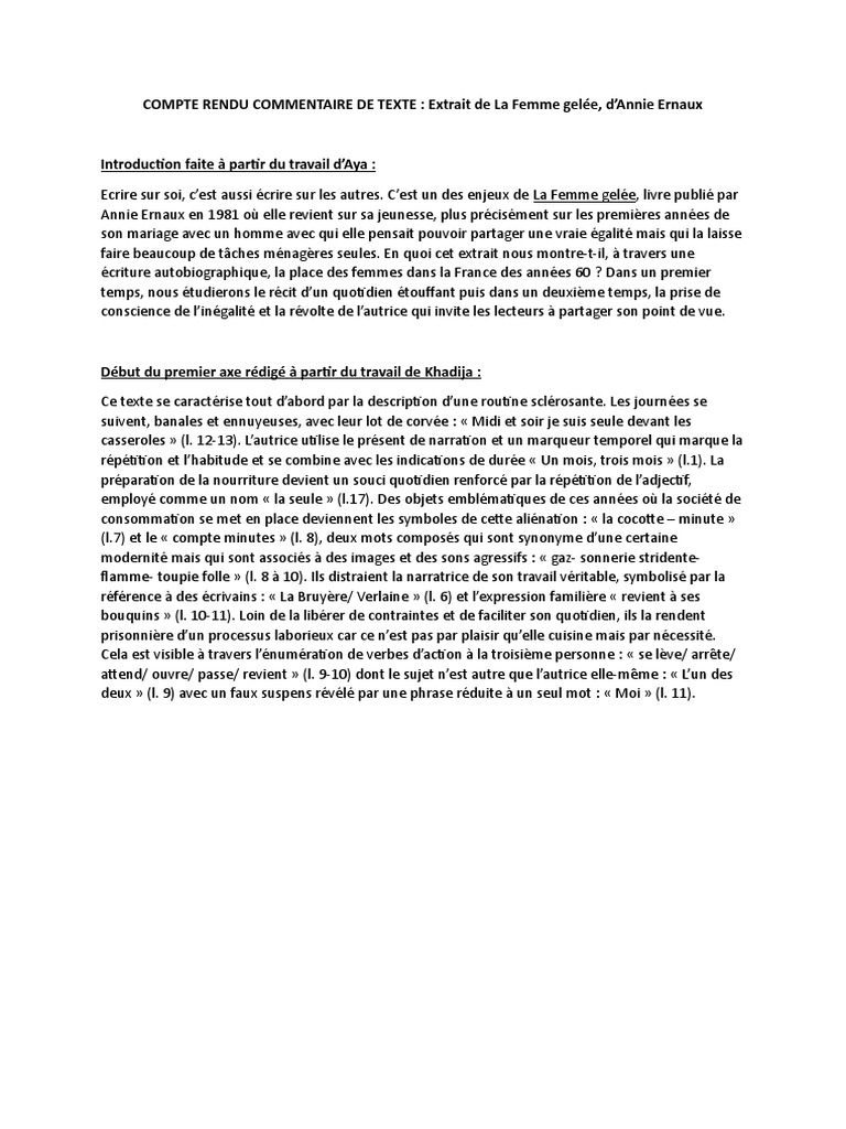 Analyse de "La Femme gelée" d'Ernaux | PDF