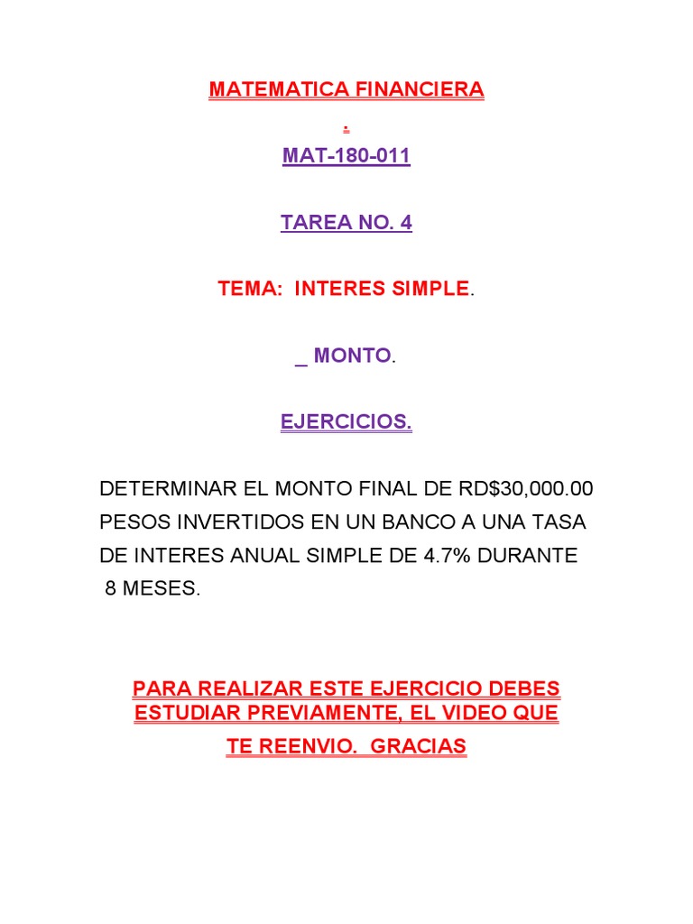 Matematica Financiera .: MAT-180-011 Tarea No. 4 | PDF