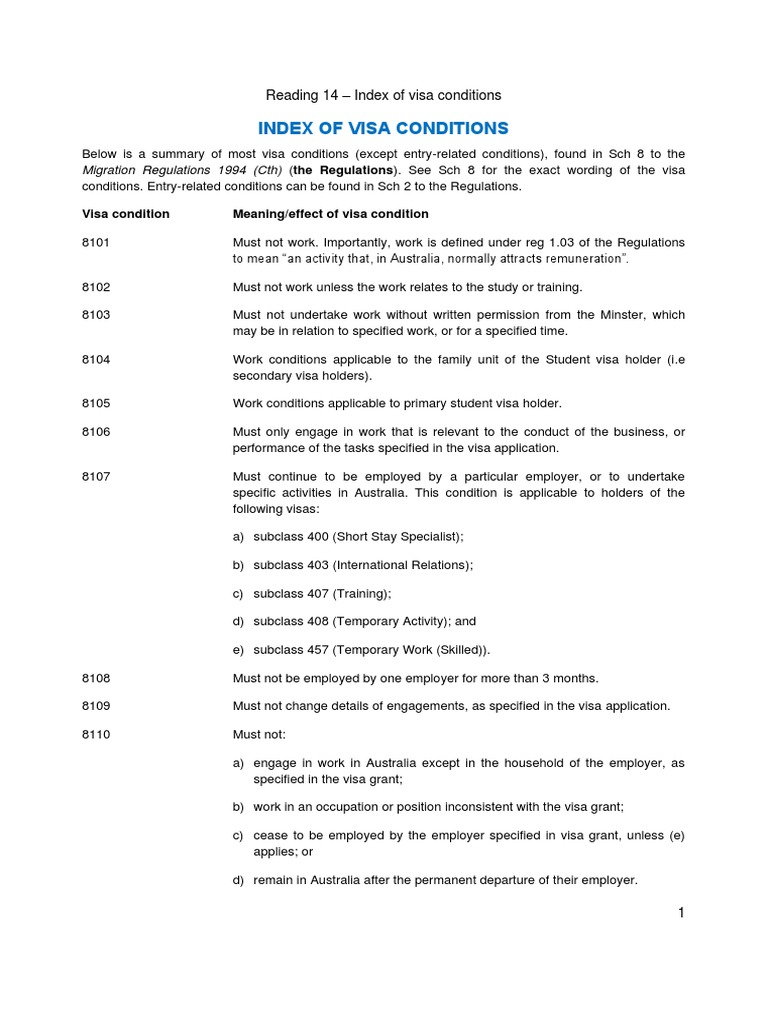 Reading 14 - Index of Visa Conditions | PDF | Travel Visa | Passport