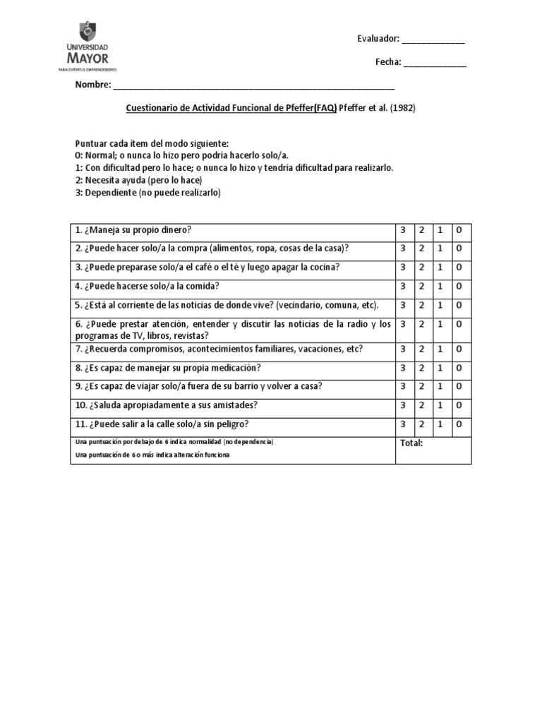 Cuestionario de Actividad Funcional Pfeffer | PDF