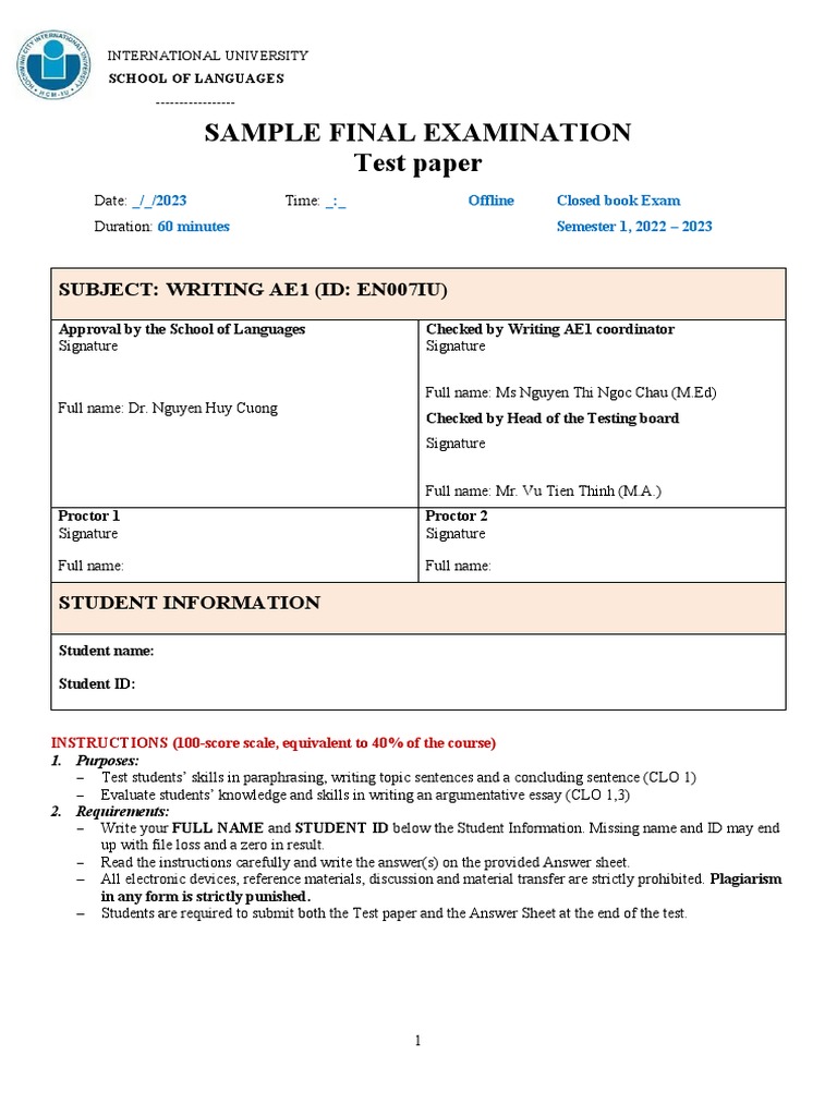 Sample Final Examination Test Paper: Subject: Writing Ae1 (Id: En007Iu ...
