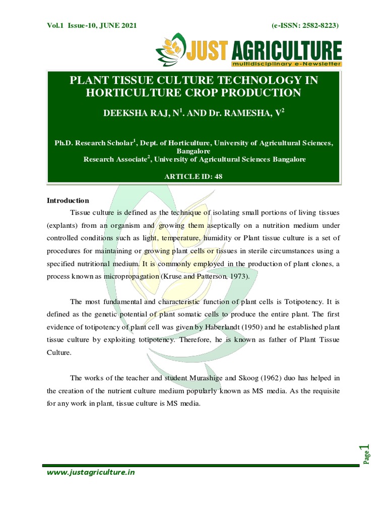Plant Tissue Culture Technology in Horticulture Crop Production | PDF ...