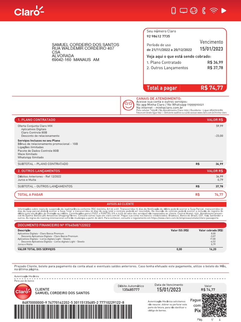 Minha Claro Fatura | PDF | Conta de transação | Bancos