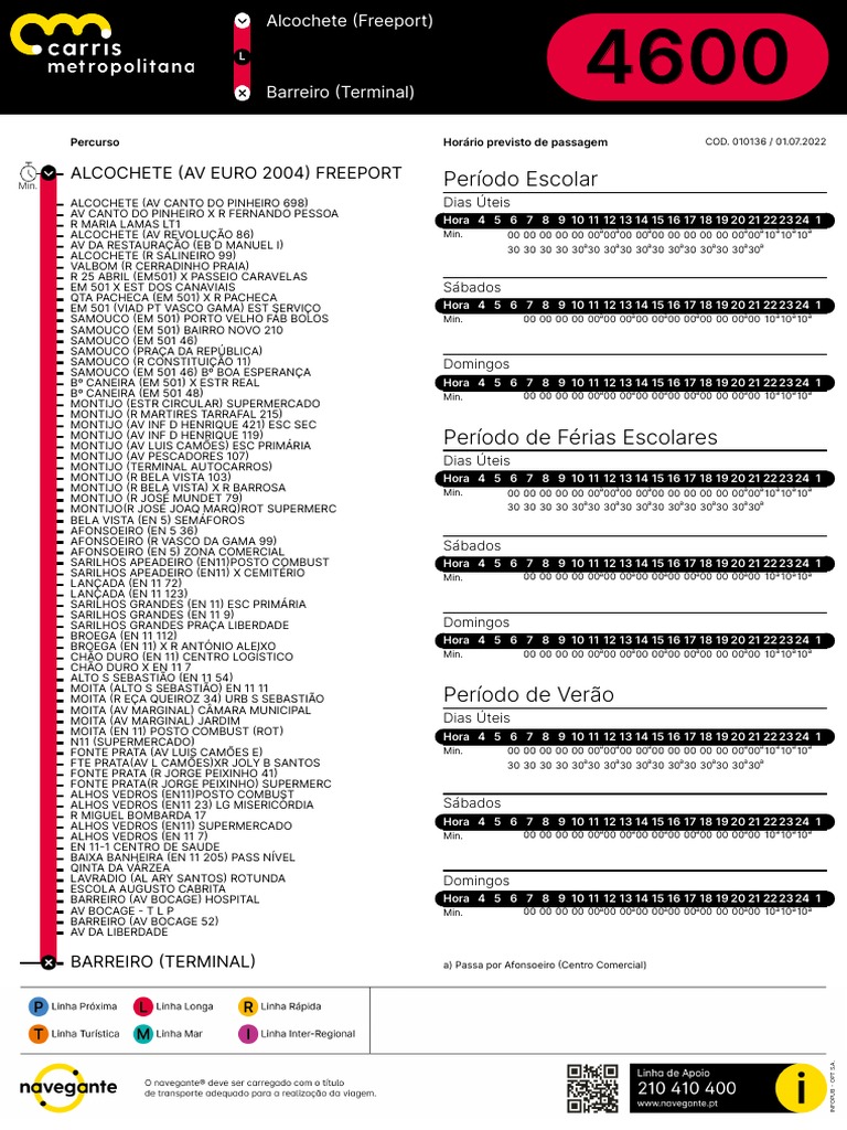 Horários de passagem da linha 4600 entre Alcochete e Barreiro | PDF