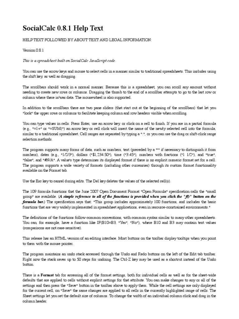 Socialcalc 0.8.1 Help Text: This Is A Spreadsheet Built On Socialcalc Javascript Code | PDF ...