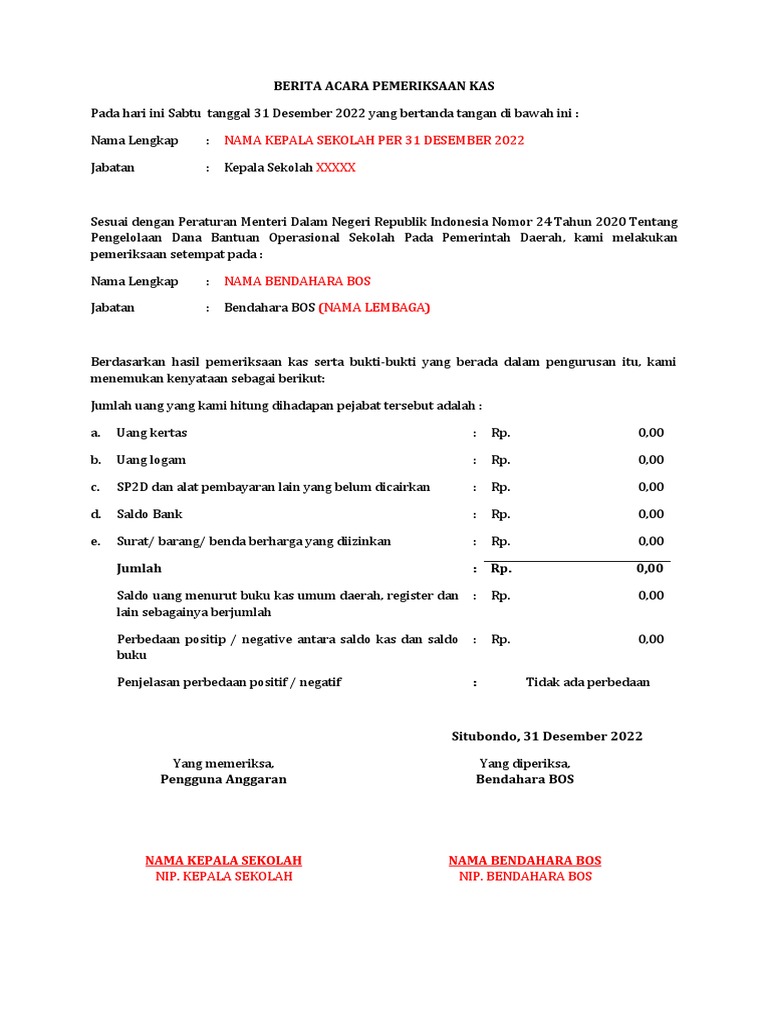 Berita Acara Cash Opname - Bos Desember | PDF