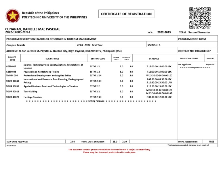 Certificate of Registration: Cunanan, Danielle Mae Pascual | PDF