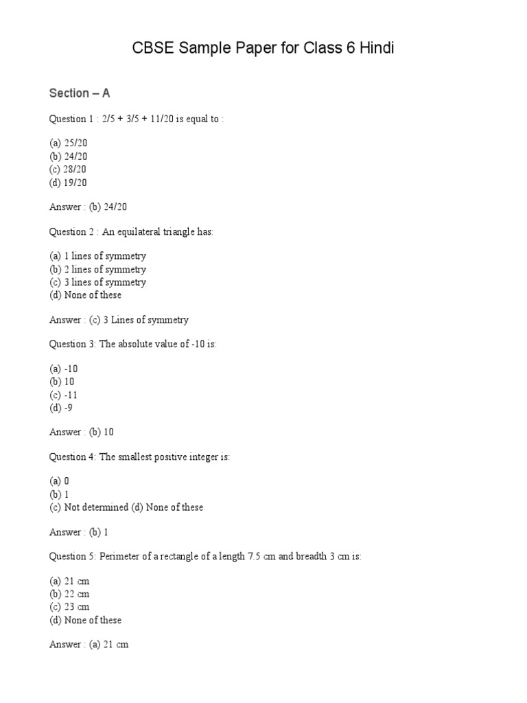 CBSE Sample Papers For Class 6 Maths Final | PDF | Geometry | Integer