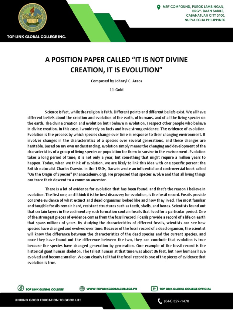 Position Paper About Evolution 1 | PDF | Evolution | Adaptation