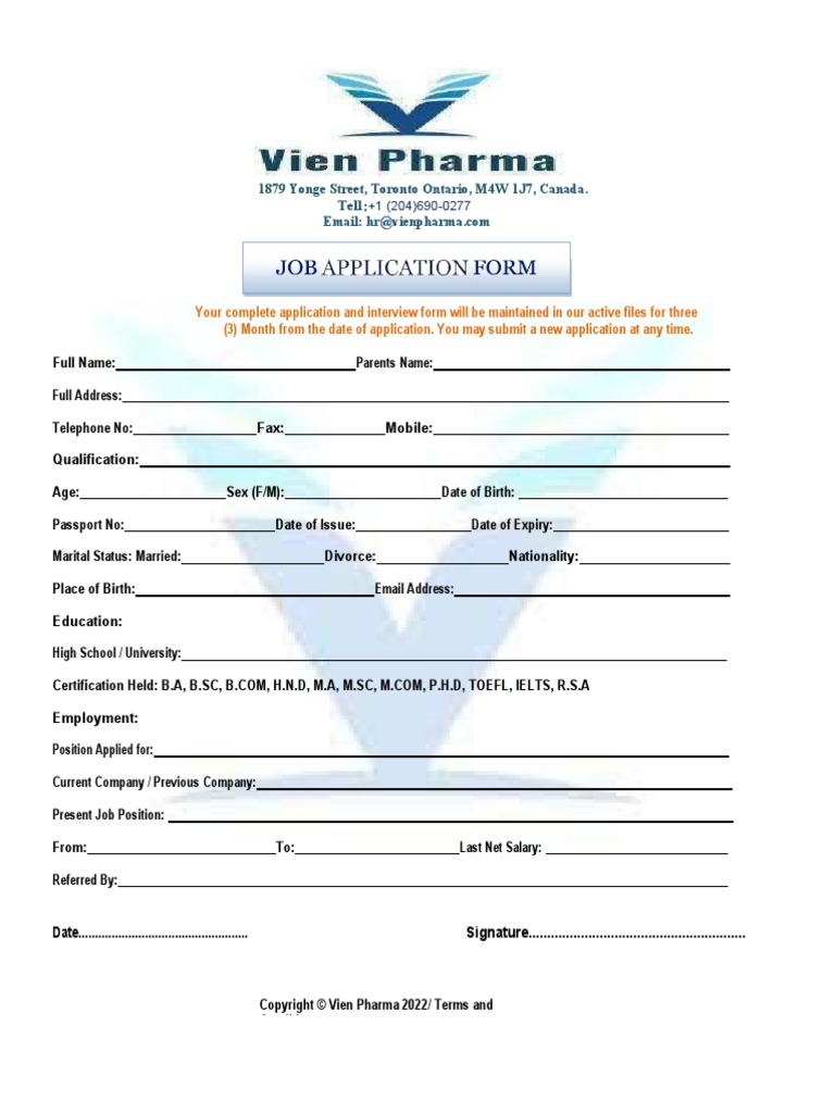 Vien Pharma Application & Interview Form | PDF