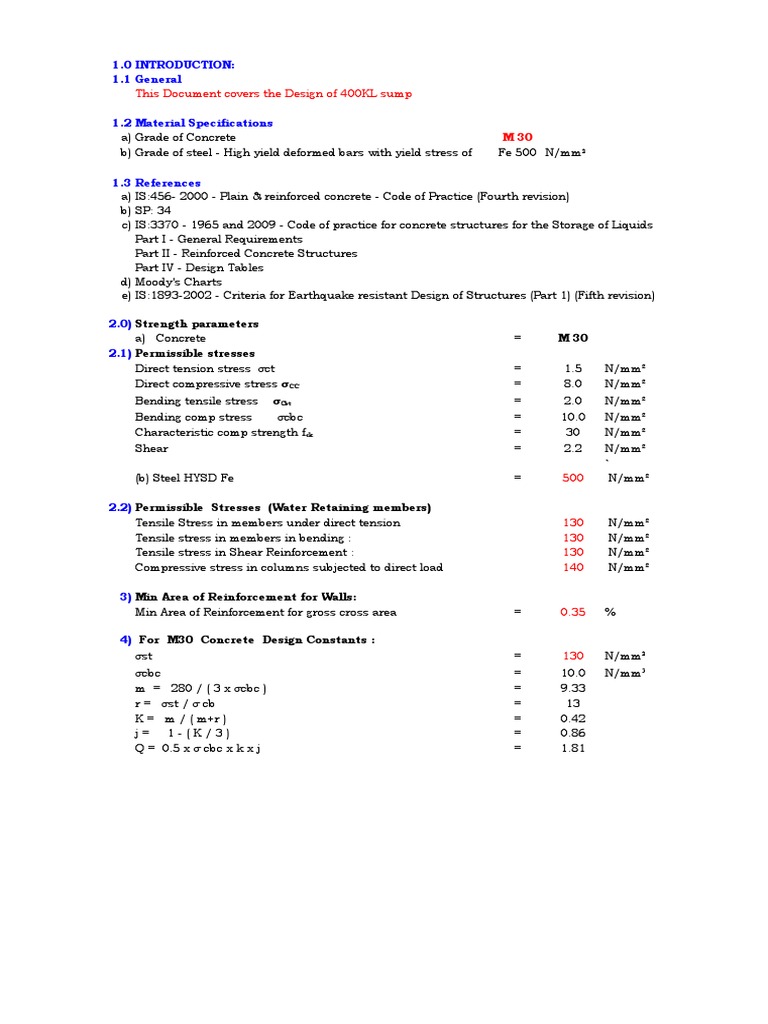 400KL RCC Sump Design Specifications | PDF | Reinforced Concrete ...