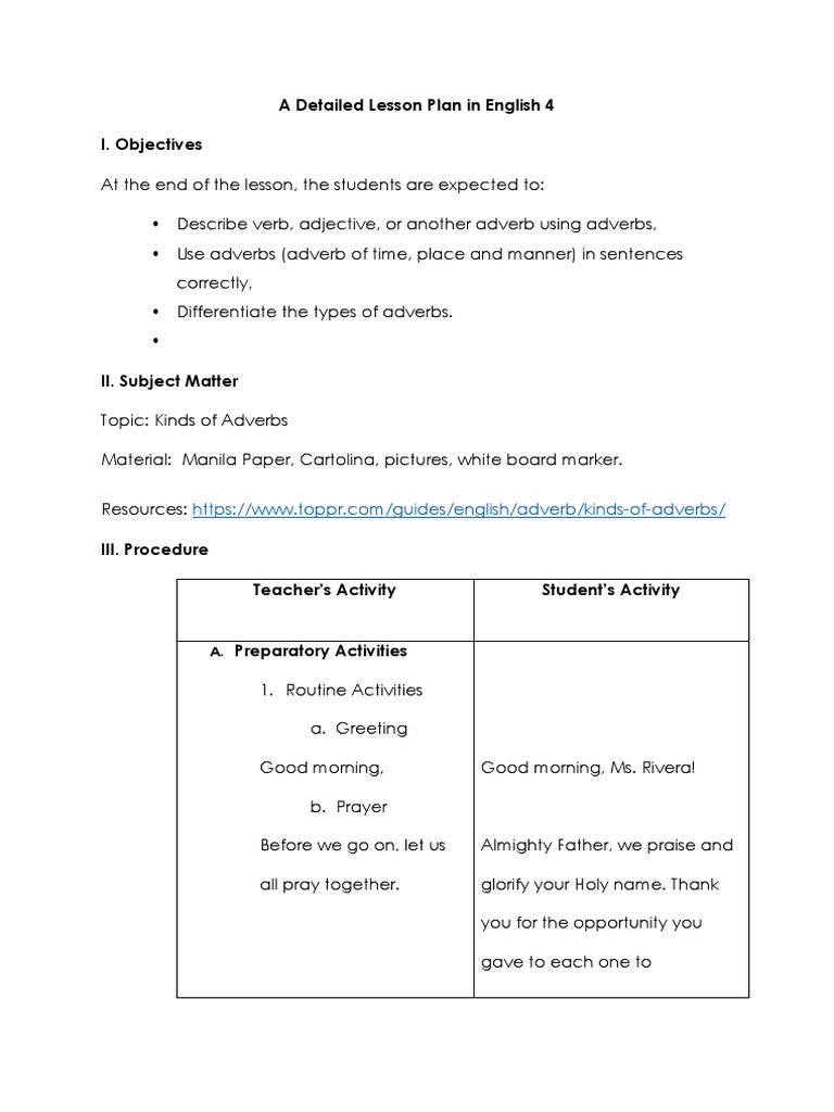 Detailed Lesson Plan (English) | Download Free PDF | Adverb | Adjective