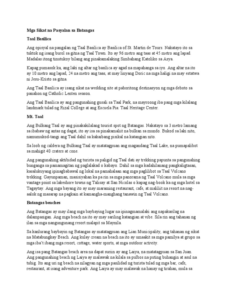 Mga Sikat Na Pasyalan Sa Batangas | PDF