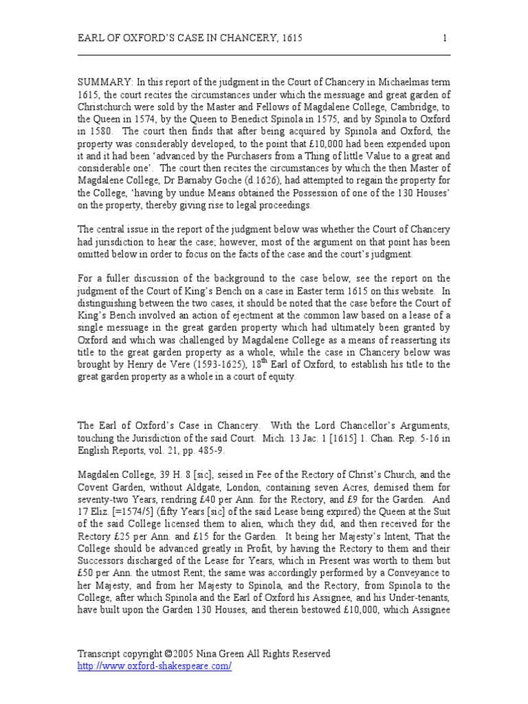 Case - Earl of Oxford | PDF | Judgment (Law) | Judiciaries
