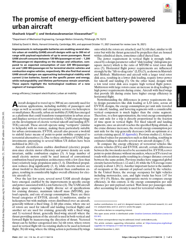 PNAS - The Promise of Energy-Efficient Battery-Powered Urban Aircraft ...